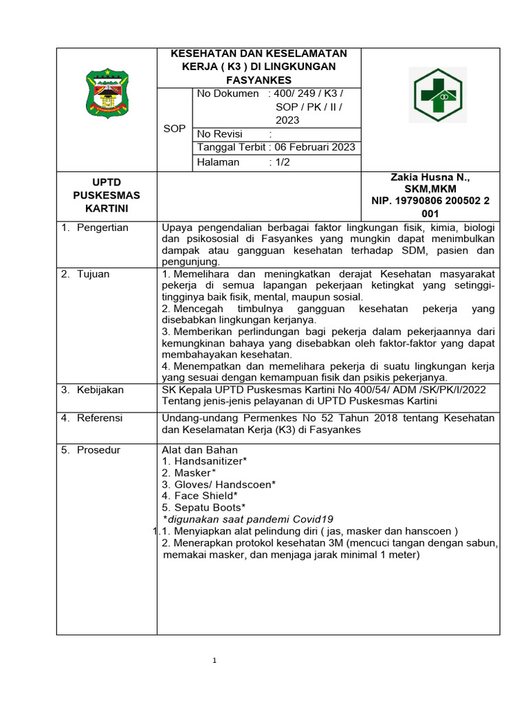 Sop Kesehatan Dan Keselamatan Kerja Di Fasyankes 2023 | PDF