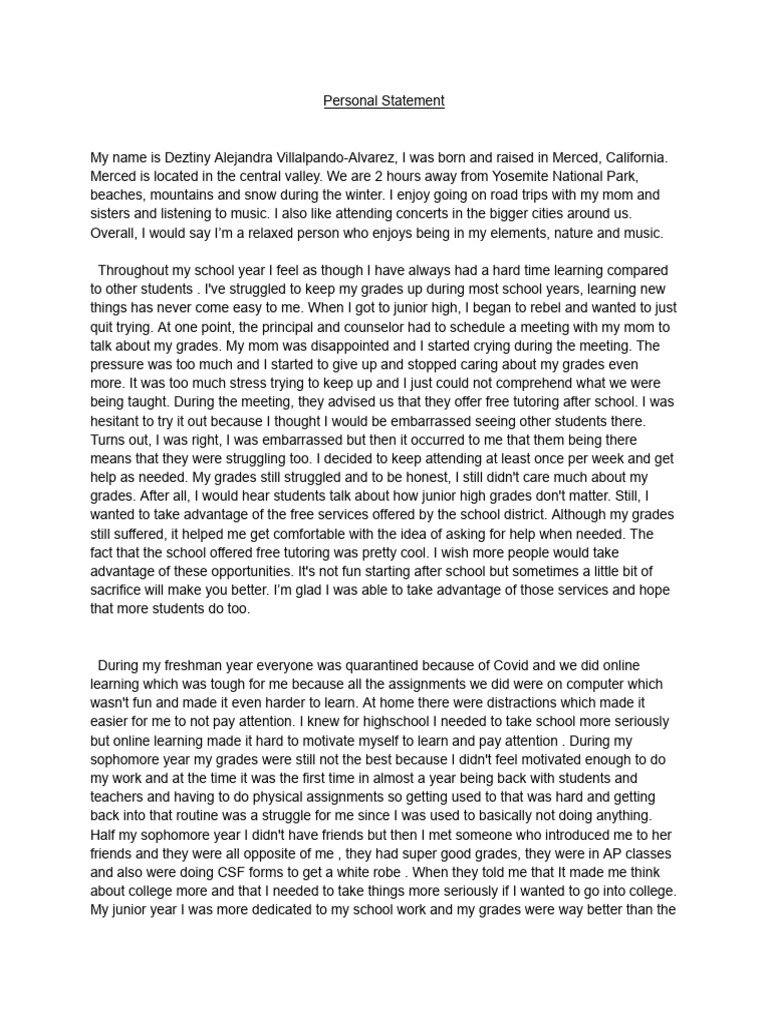 Deztiny Villalpando-Alvarez - Personal Statement 1 | PDF | Sibling ...
