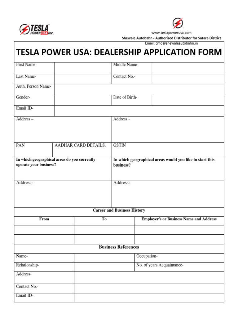 TESLA Power USA Dealership Application Form - Satara District | PDF