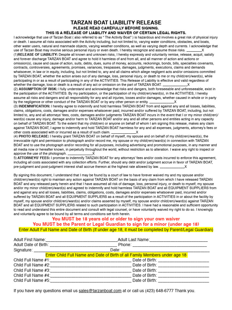 Tarzan Boat Waiver | PDF | Indemnity | Legal Concepts