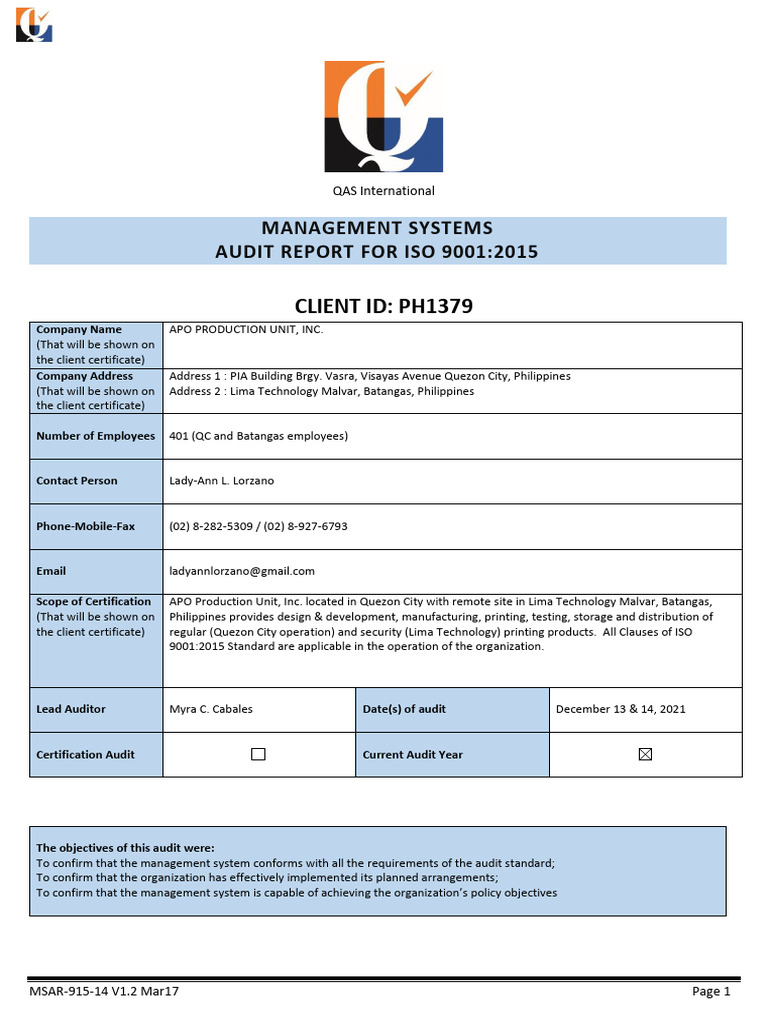 PH1379 APO Production-9001-Surveillance Audit Report 1213-142021 1 ...