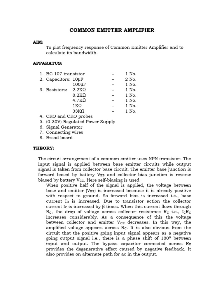 Common Emitter Amplifier Experiment | PDF | Amplifier | Electricity