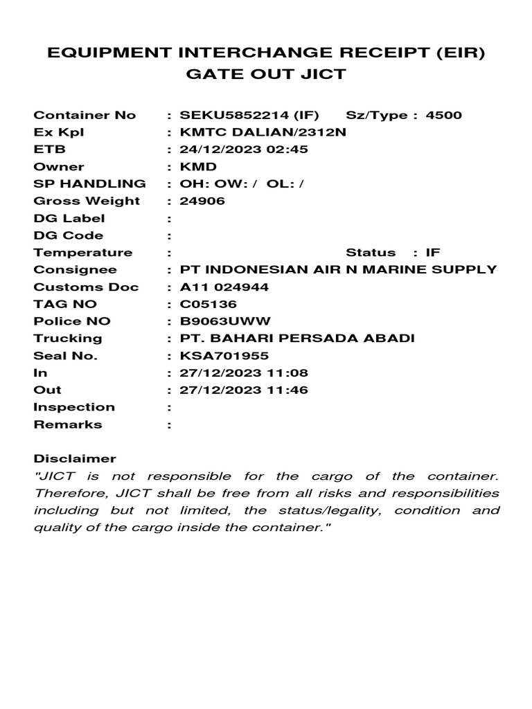 Equipment Interchange Receipt (Eir) Gate Out Jict | PDF