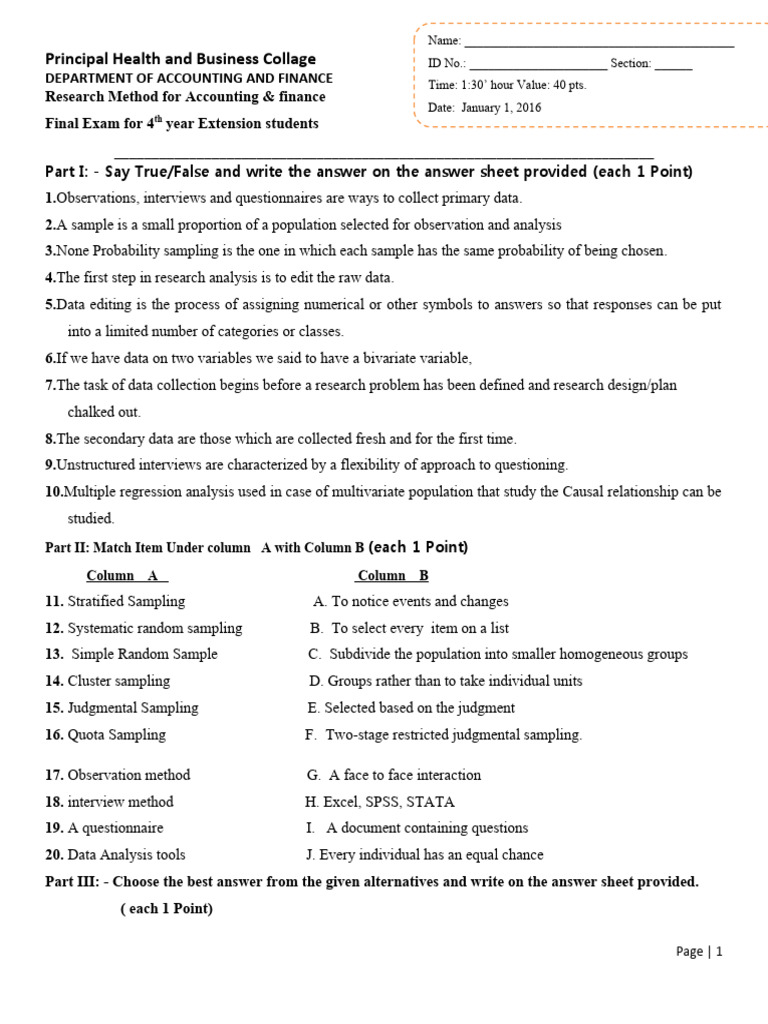 Research Method Final Exam For Principal College | PDF | Sampling ...