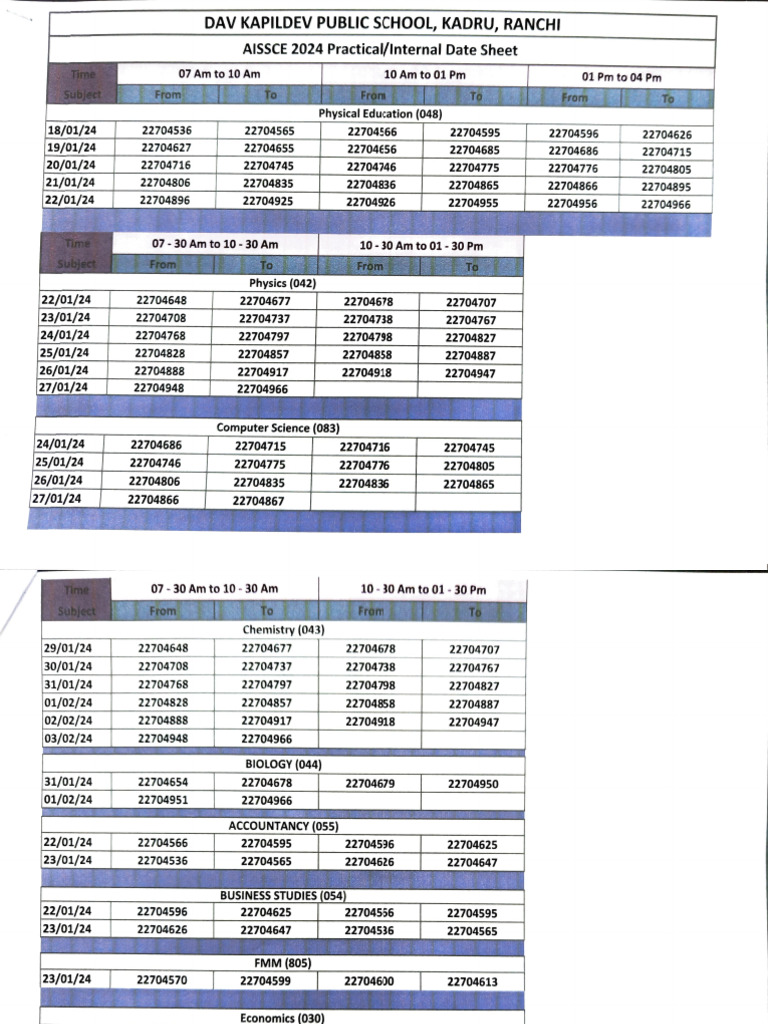 Practical Date Sheet 2024 | Pdf | Science | Observation