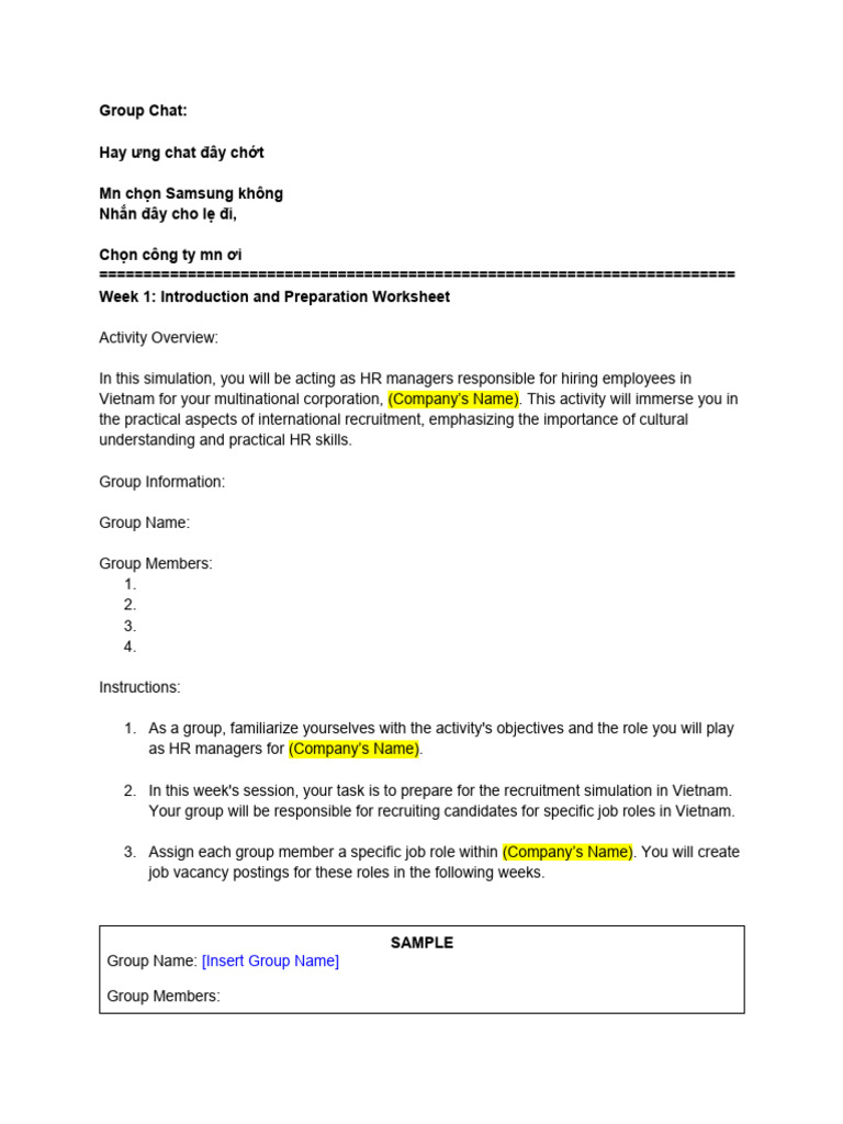 Week 1 Class Activity (Group Name) | PDF | Recruitment | Employment