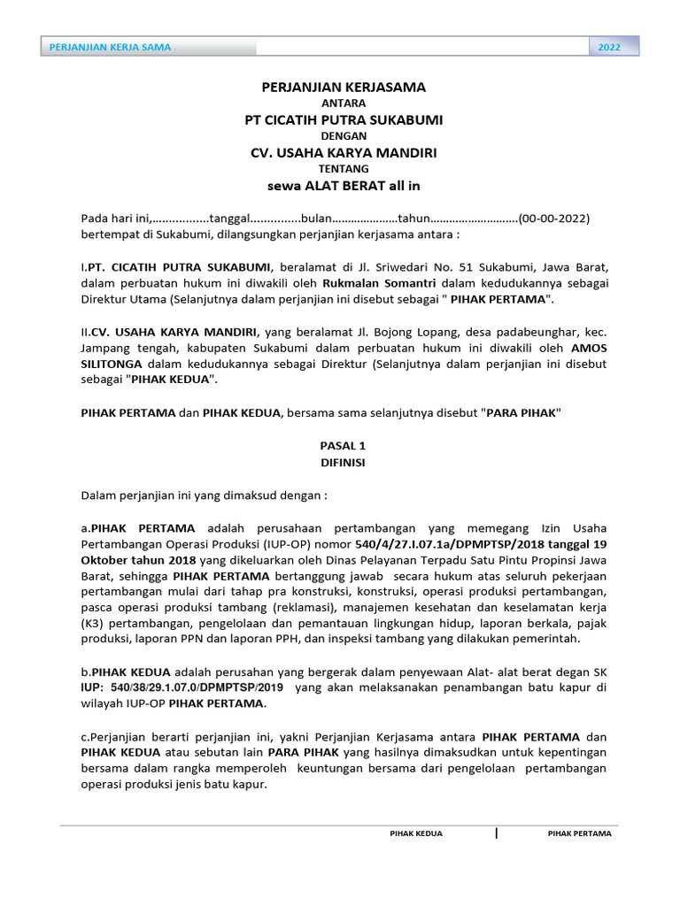 Kontrak Alat Berat All in Dengan CV Usaha Karya Mandiri | PDF