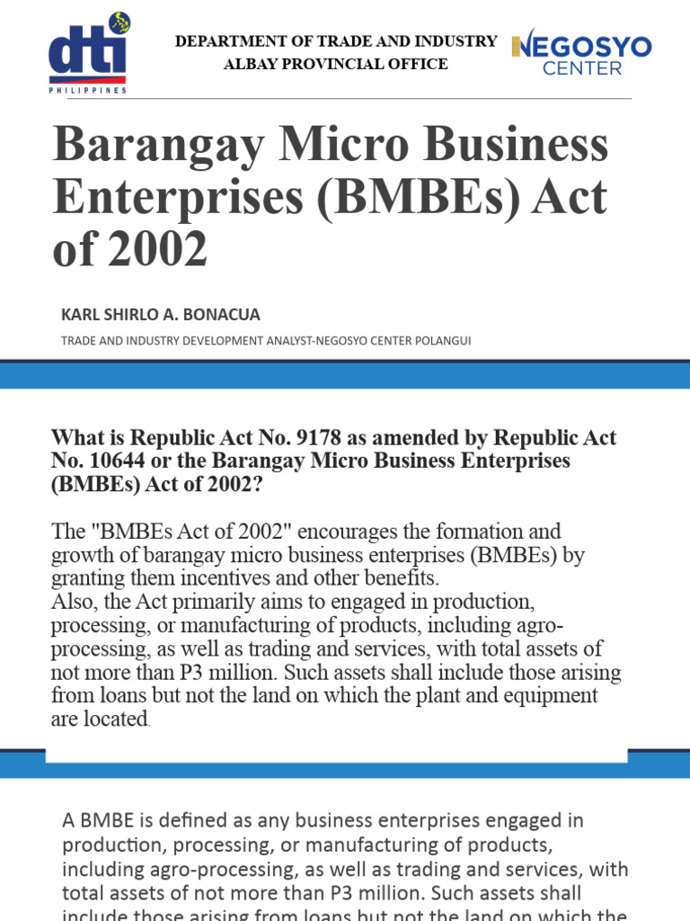 Barangay Micro Business Enterprises (BMBEs) Act | PDF | Business ...