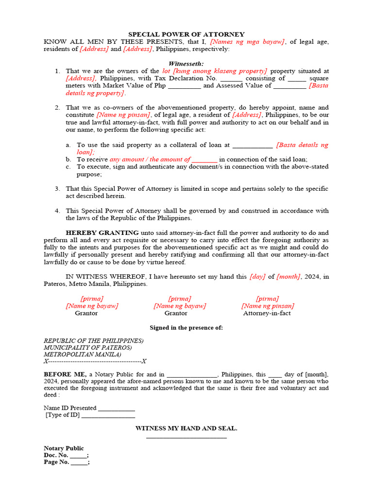 Special Power of Attorney Template Philippines | PDF | Power Of ...