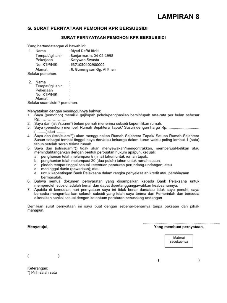 Lampiran 8 - Surat Pernyataan Pemohon KPR Bersubsidi | PDF