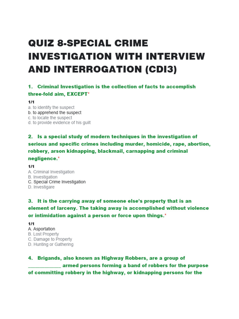 Quiz No. 8 Special Crime Investigation With Interview and Interrogation Cdi3 | PDF | Robbery | Theft