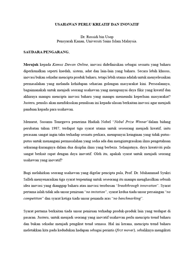 Usahawan Perlu Kreatif Dan Inovatif | PDF | Bisnis | Pengembangan Diri