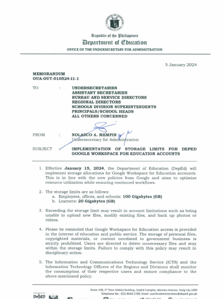 Oua Out 010524 I1 1 Memo Implementation of Storage Limit For Deped Google Workspace 1 | PDF
