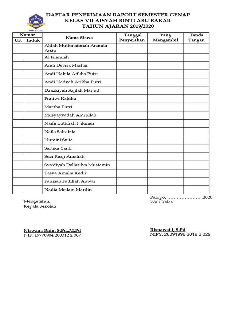 Daftar Penerimaan Raport | PDF