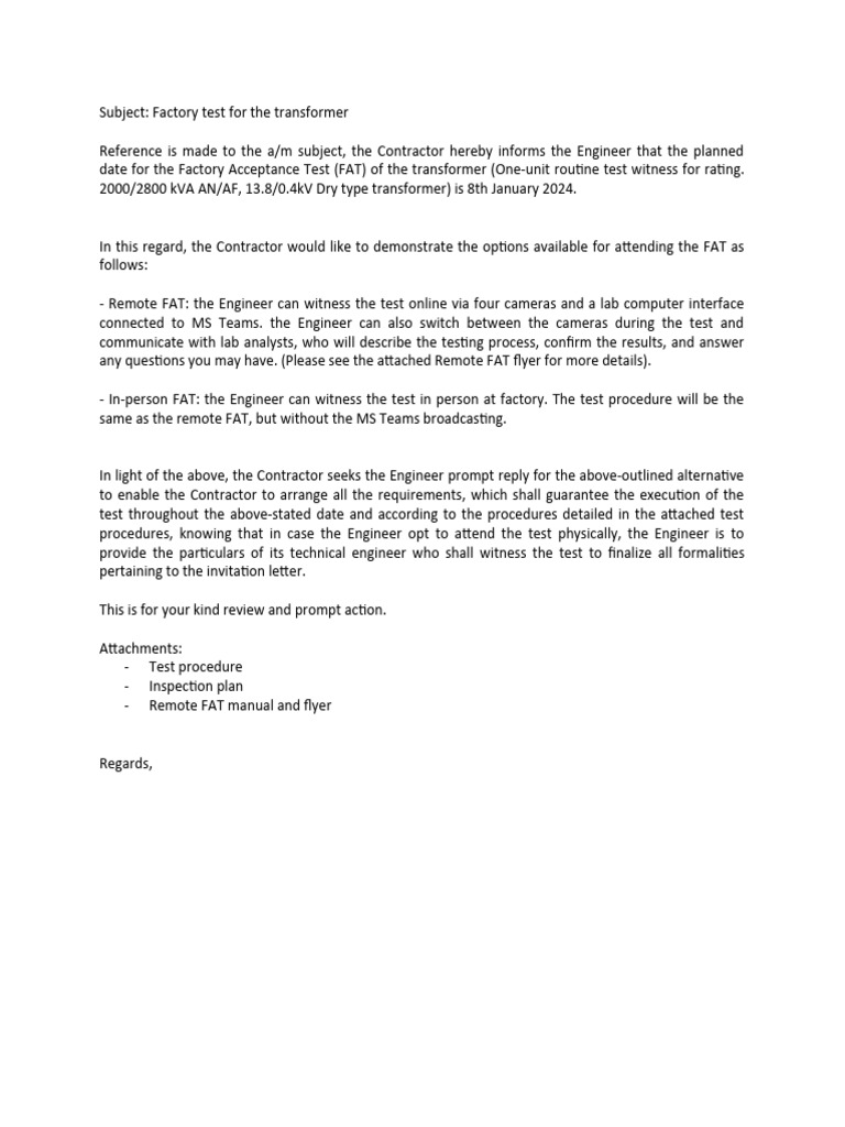 Transformer Factory Acceptance Test Details | PDF