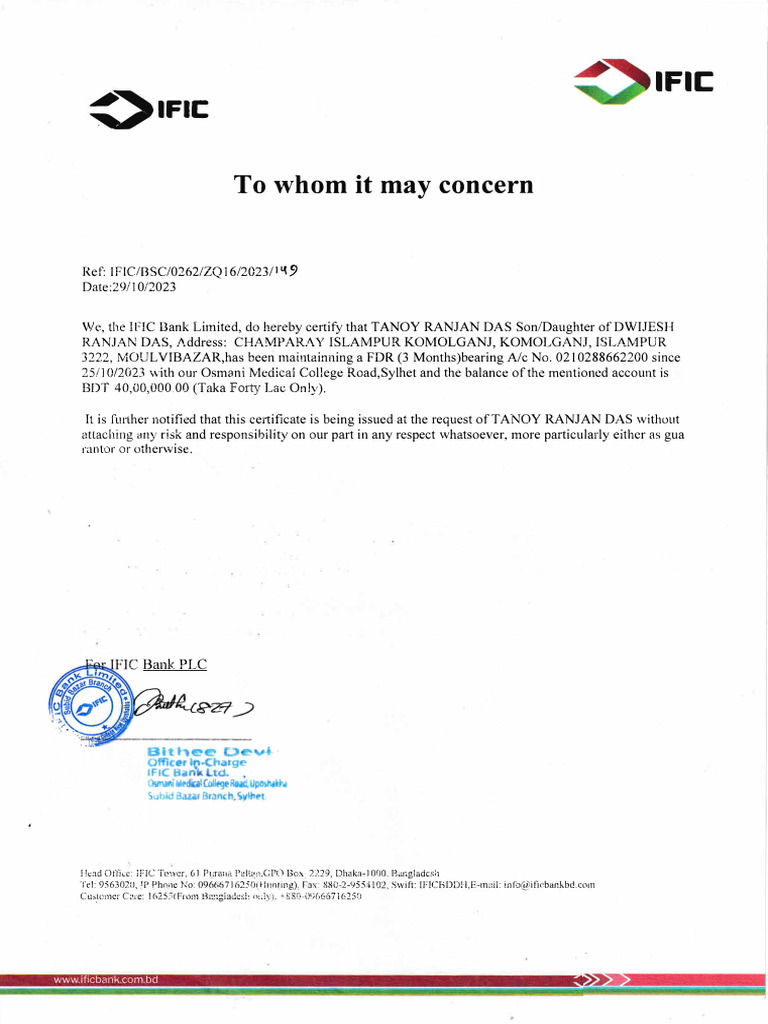 IFIC Bank FDR Solvency Certificate | PDF | Business