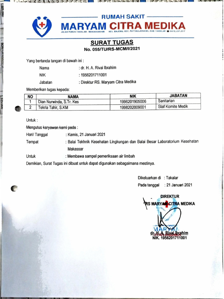 Surat Tugas 21 Januari 2021 Bawa Sampel Air Limbah | PDF