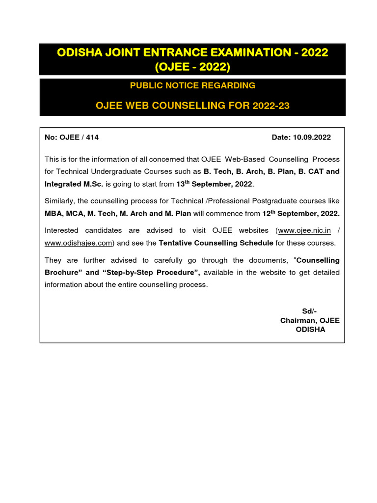 Odisha Joint Entrance Examination - 2022 (OJEE - 2022) : Ojee Web Counselling For 2022-23 | PDF