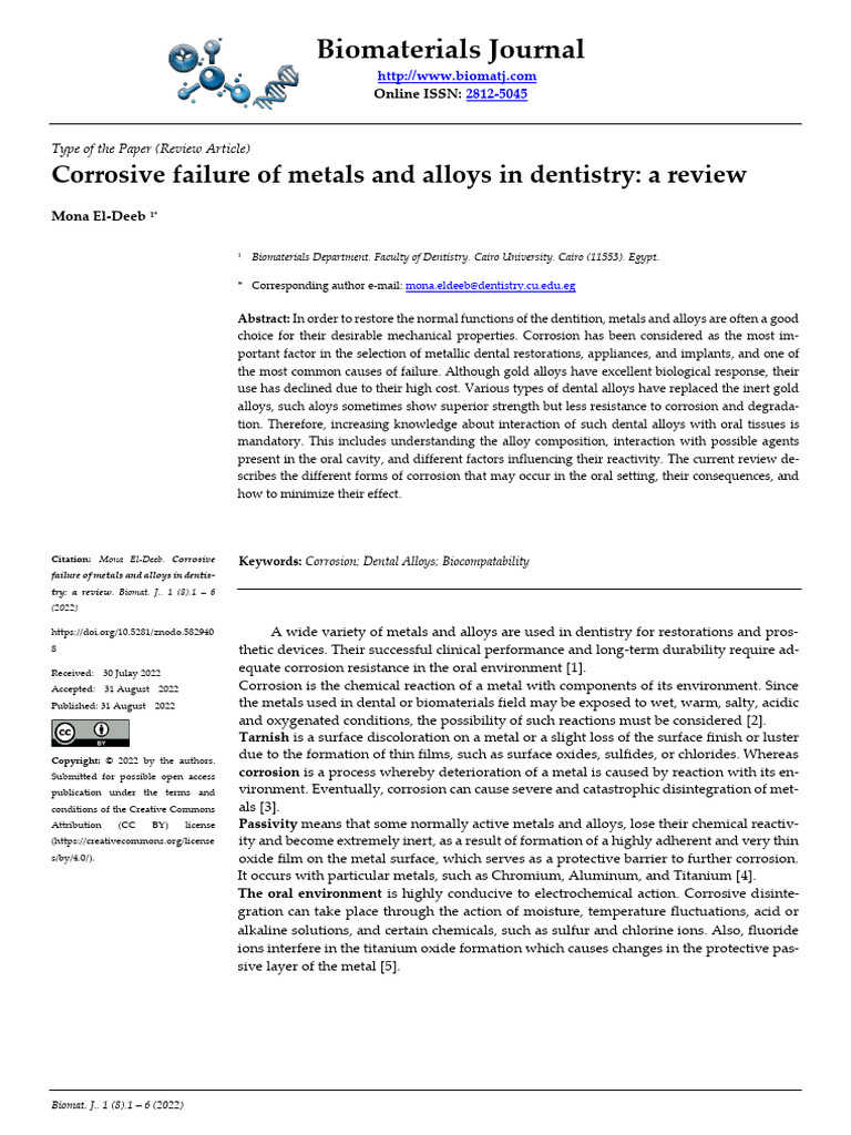Biomaterials Journal: Corrosive Failure of Metals and Alloys in ...