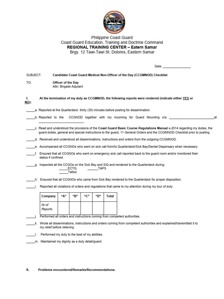 CCGMNOD Checklist | PDF | Military