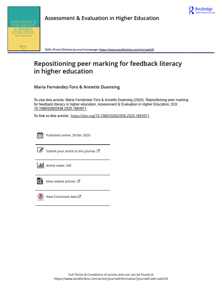 Repositioning Peer Marking For Feedback Literacy in Higher Education | PDF | Cognition | Learning