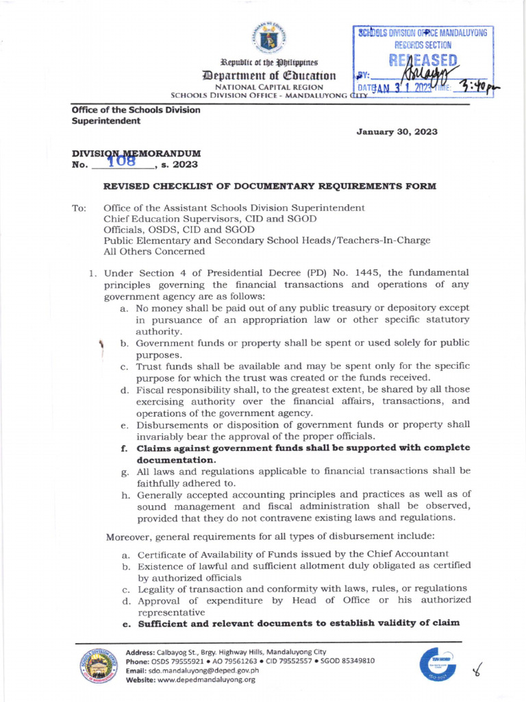 DM No. 108, S. 2023. Revised Checklist of Documentary Requirements Form ...