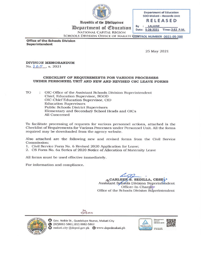 DM 200 Checklist of Requirements For Various Processes Under Personnel ...