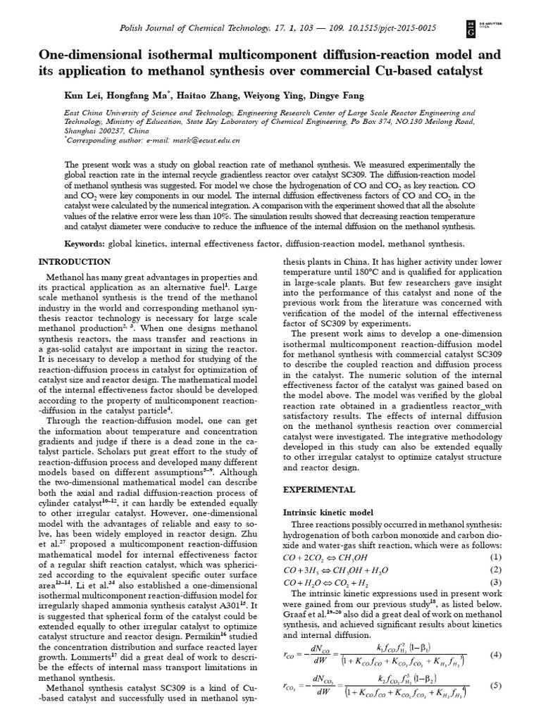 Onedimensional Isothermal Multicomponent Diffusionreaction Model and Its Application To Methanol ...