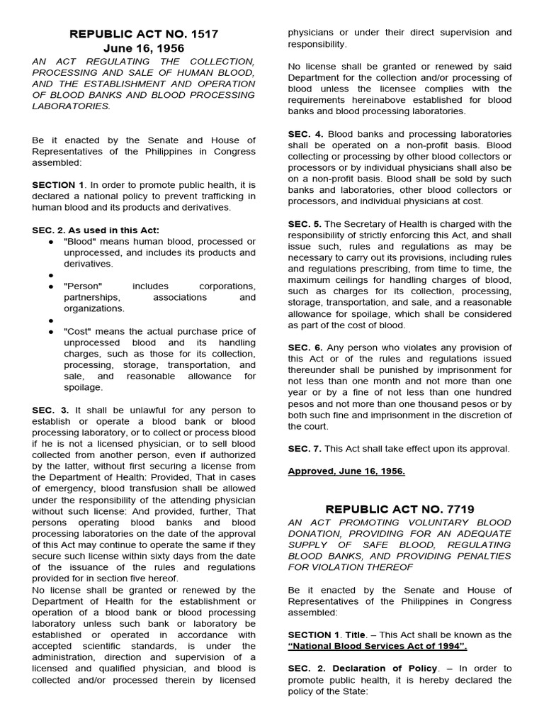 Republic Act No. 1517 June 16, 1956 | PDF | Blood Donation | Blood ...