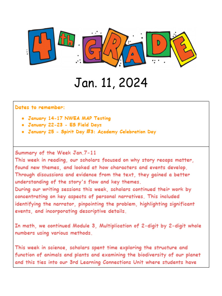 Grade 4 Weekly Newsletter-1 | PDF | Geography | Learning