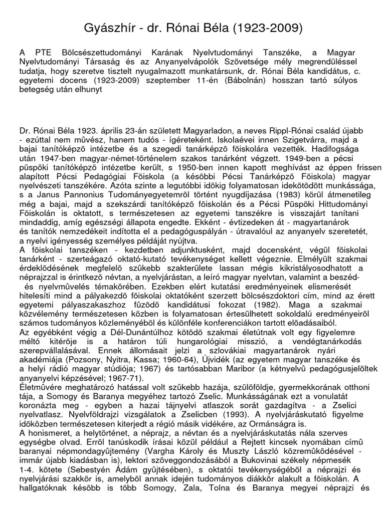 Gyászhír - Rónai Béla | PDF
