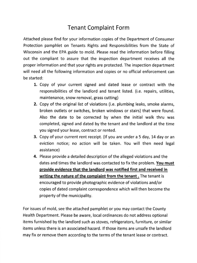 Tenant Complaint Form Example | PDF