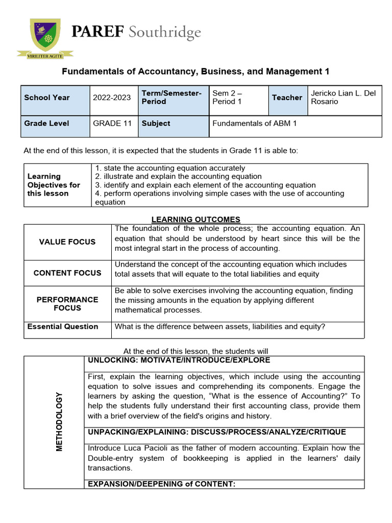 LESSON PLAN Accounting Equation PAREF PDF | PDF | Equity (Finance ...