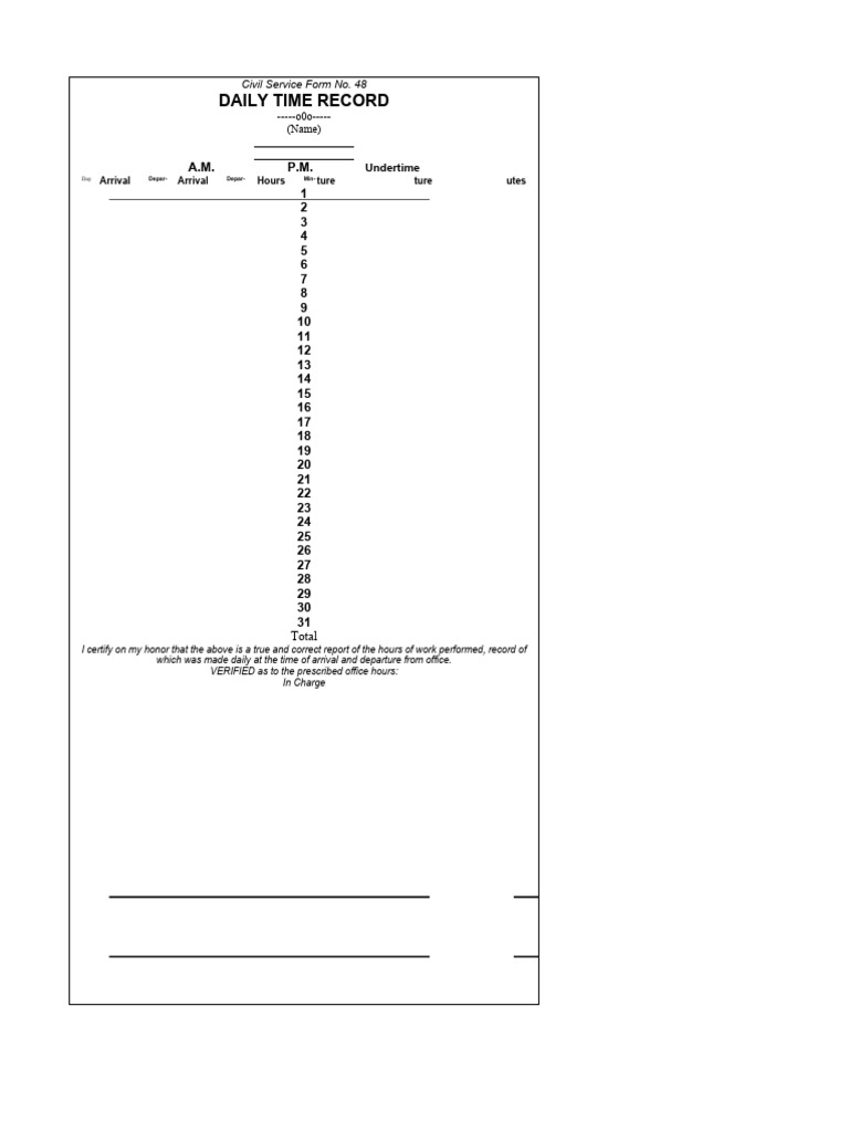 CSC Form No 48 Daily Time Record DTR PDF Free | PDF