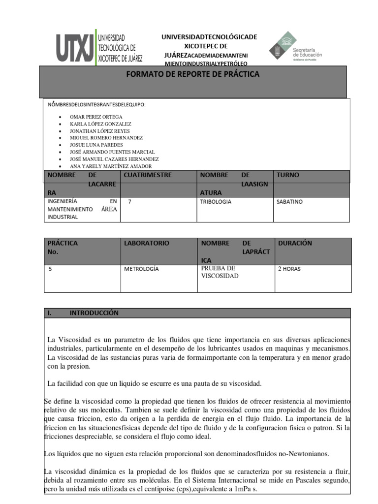 Practica5 Pruebadeviscosidad PDF | PDF | Viscosidad | Lubricante