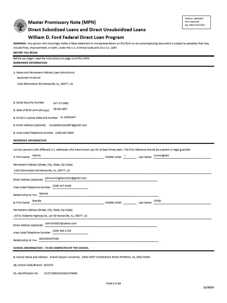 Master Promissory Note (MPN) Direct Subsidized Loans and Direct ...