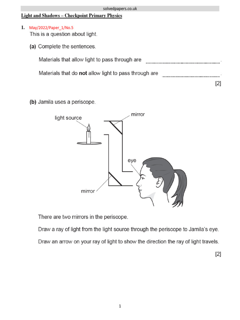 2022 17 Light and Shadows Checkpoint Primary Physics | PDF