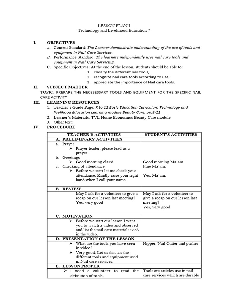 Lesson Plan Lesson 1&2 Unit 3 Nail Care | PDF | Nail (Anatomy) | Chair