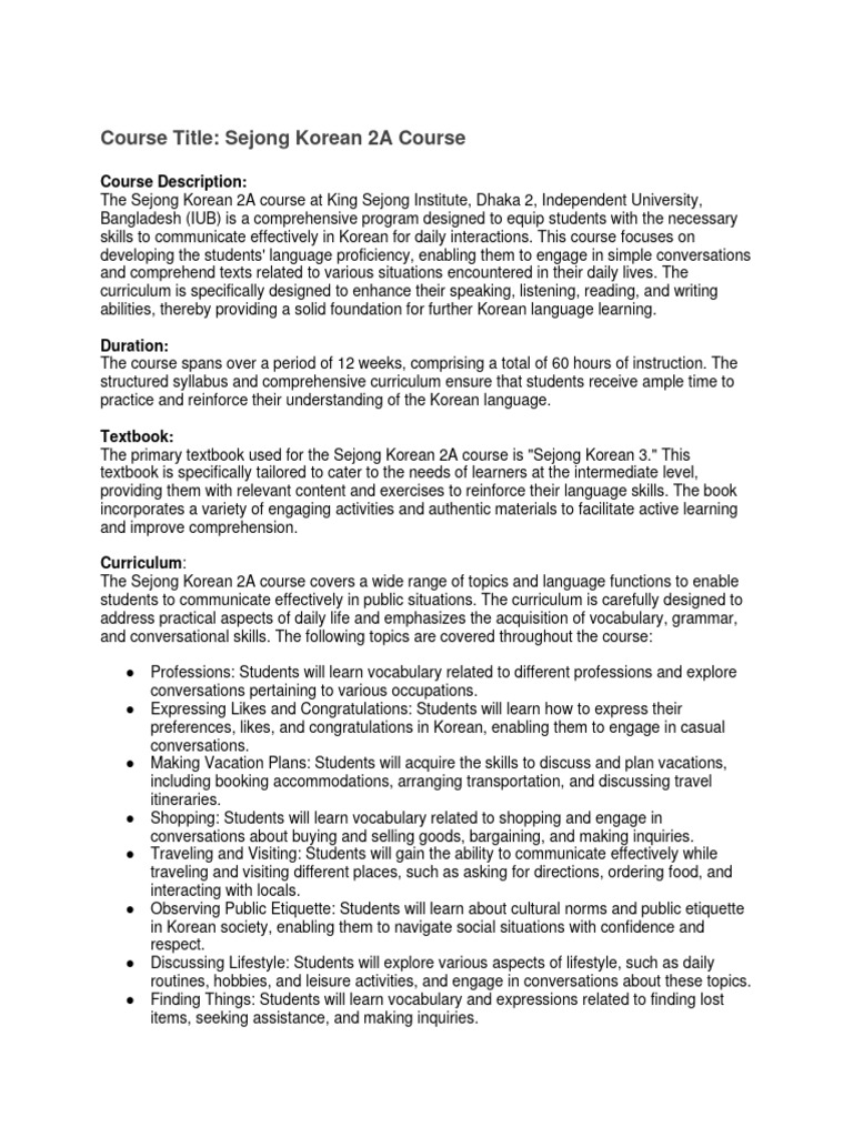 Course Title: Sejong Korean 2A Course | PDF | Curriculum | Korean Language