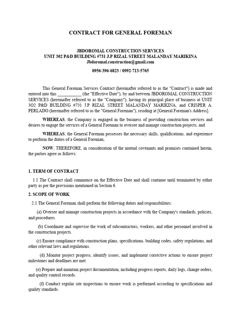 Contract For General Foreman | PDF | Confidentiality | Government