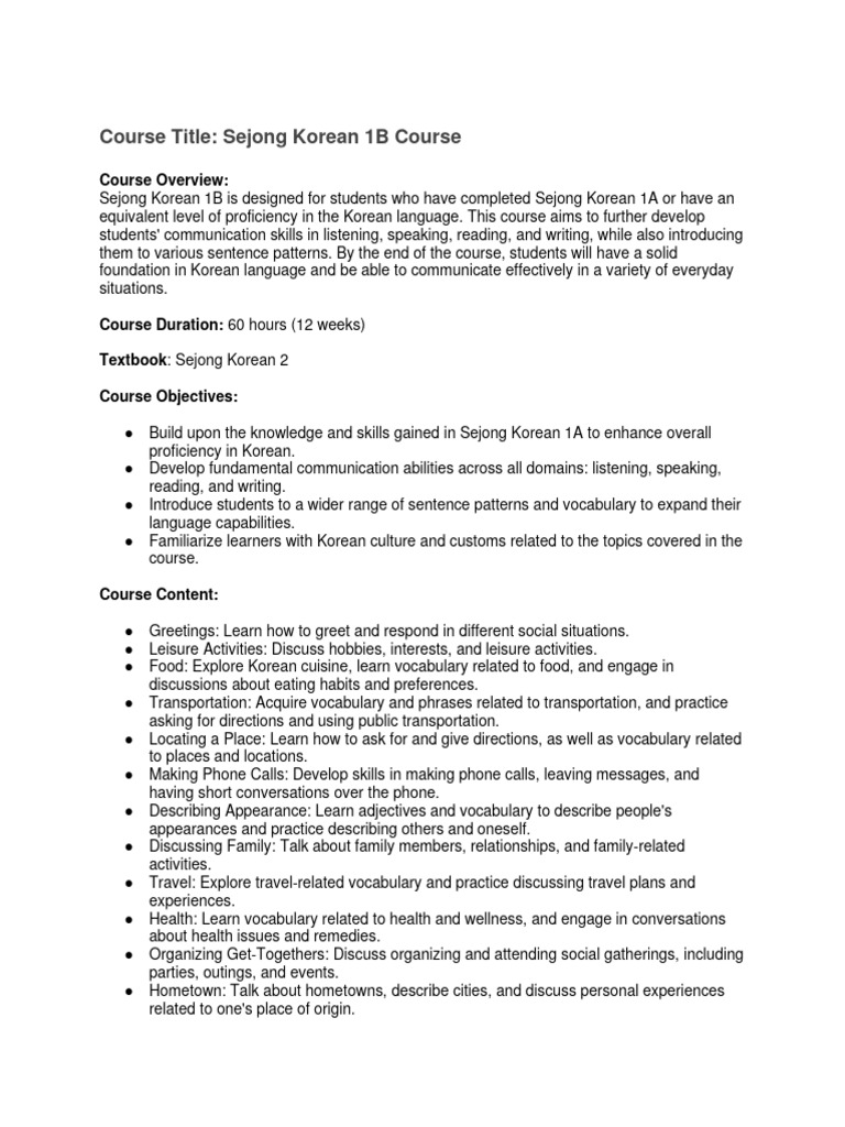 Course Title: Sejong Korean 1B Course | PDF | Korean Language | Vocabulary