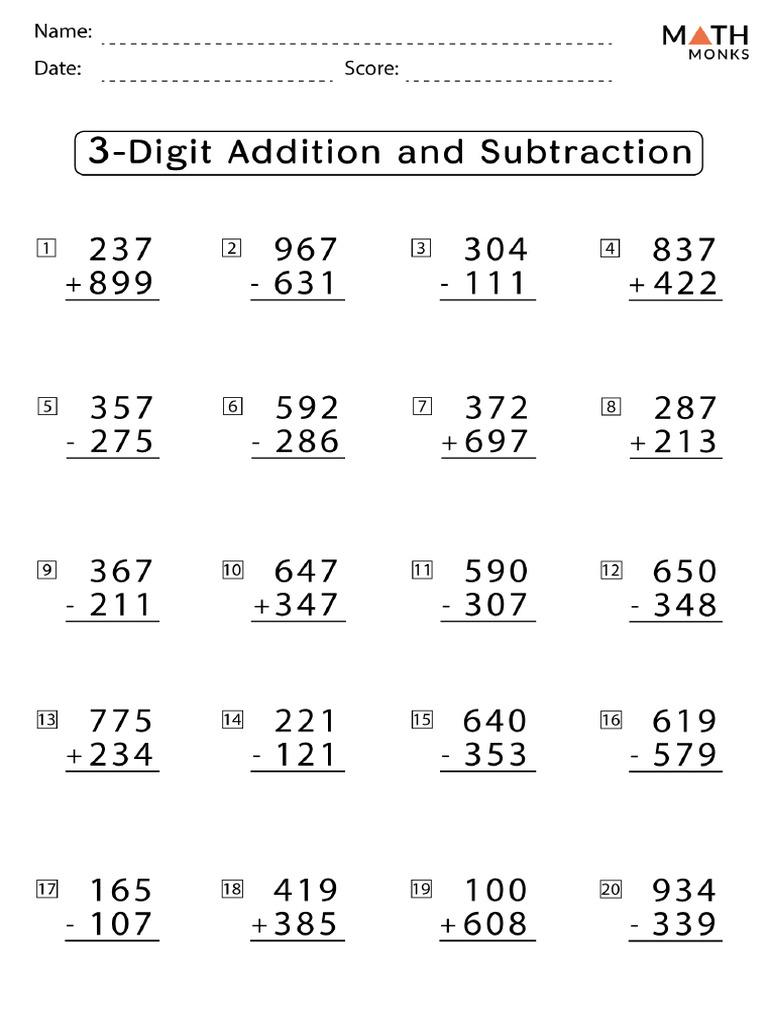 3 Digit Addition and Subtraction Worksheets | PDF