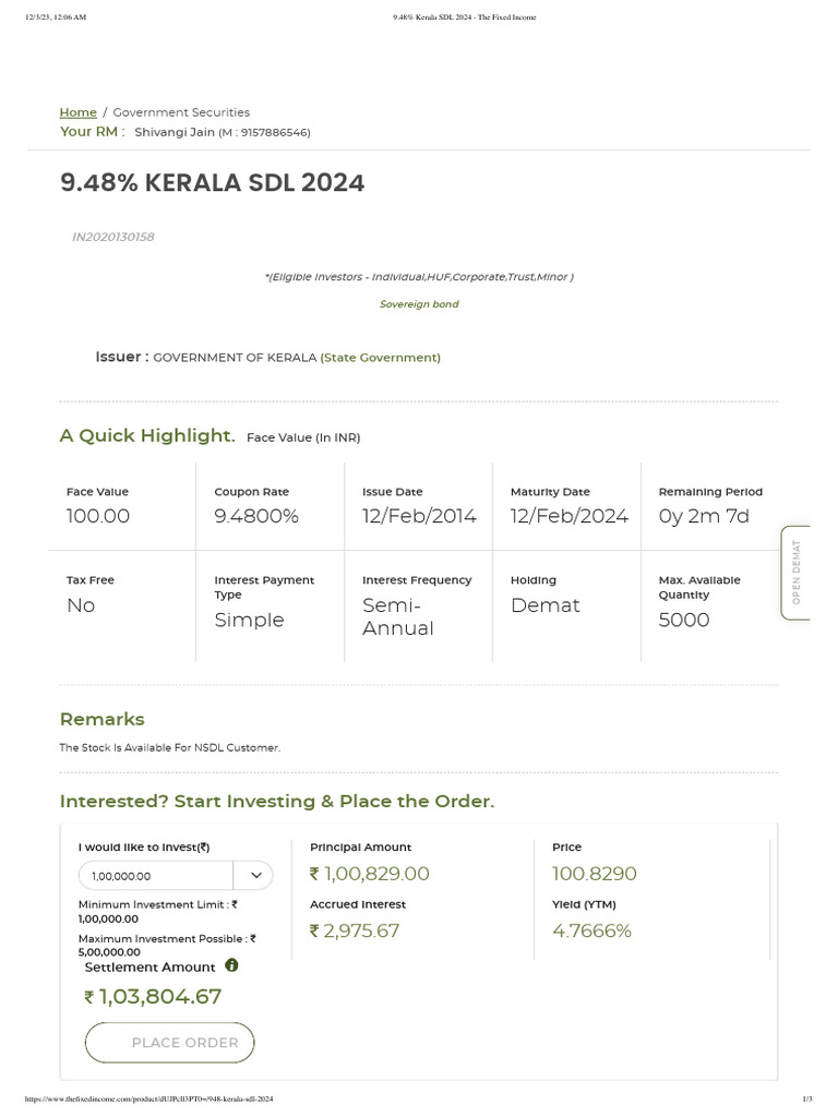9.48% Kerala SDL 2024 - The Fixed Income | PDF | Bonds (Finance) | Money