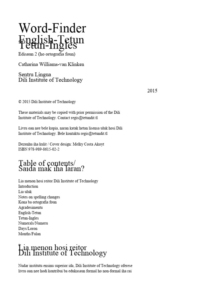 Tetun-English Word Finder Guide | PDF | Stress (Linguistics)