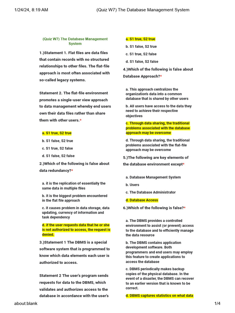 Database Management Quiz W7 Pdf Databases Sql