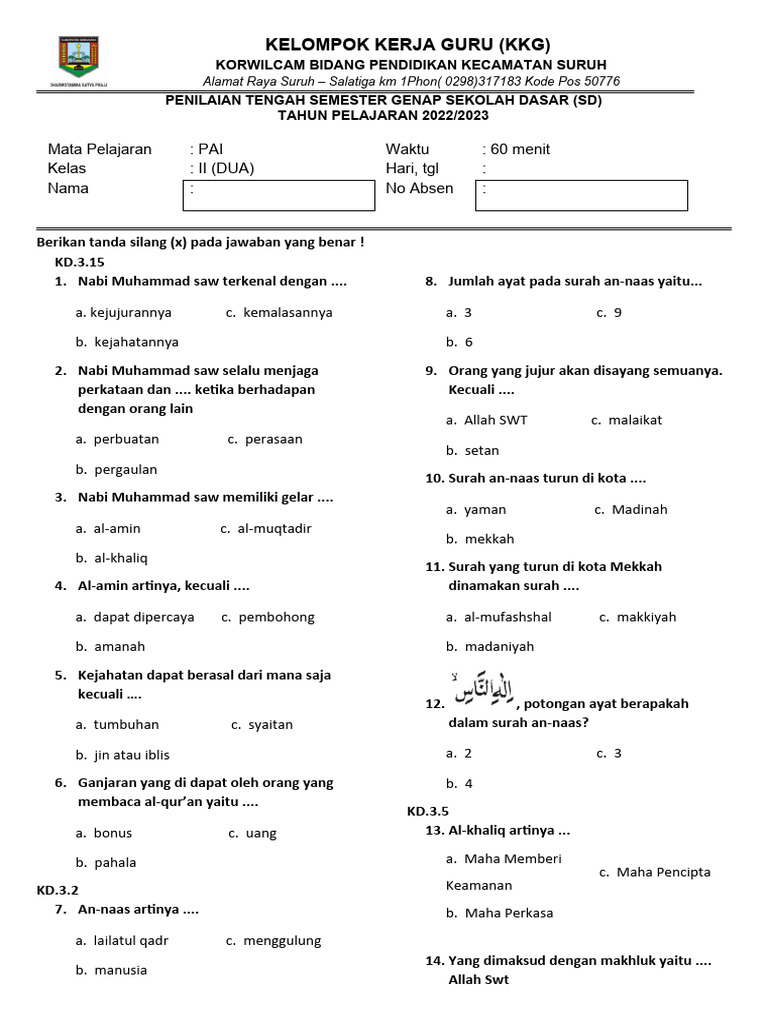SOAL PTS PAI KELAS 2 Calon-2 | PDF