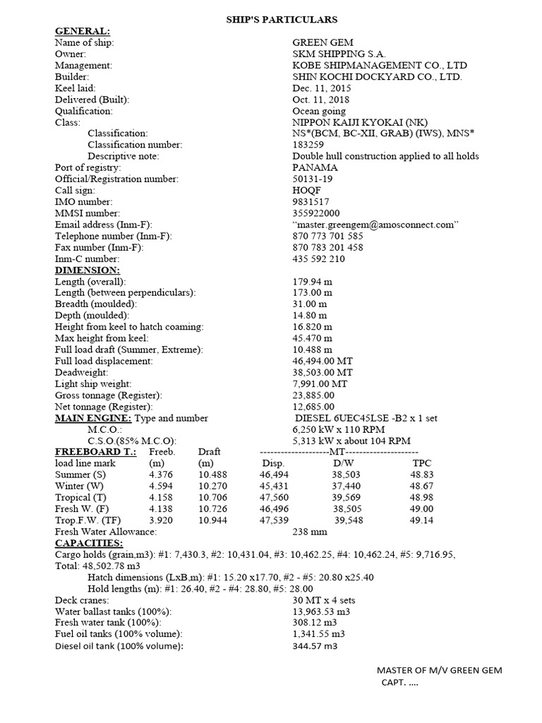 Ship's Particulars | PDF | Tonnage | Ships