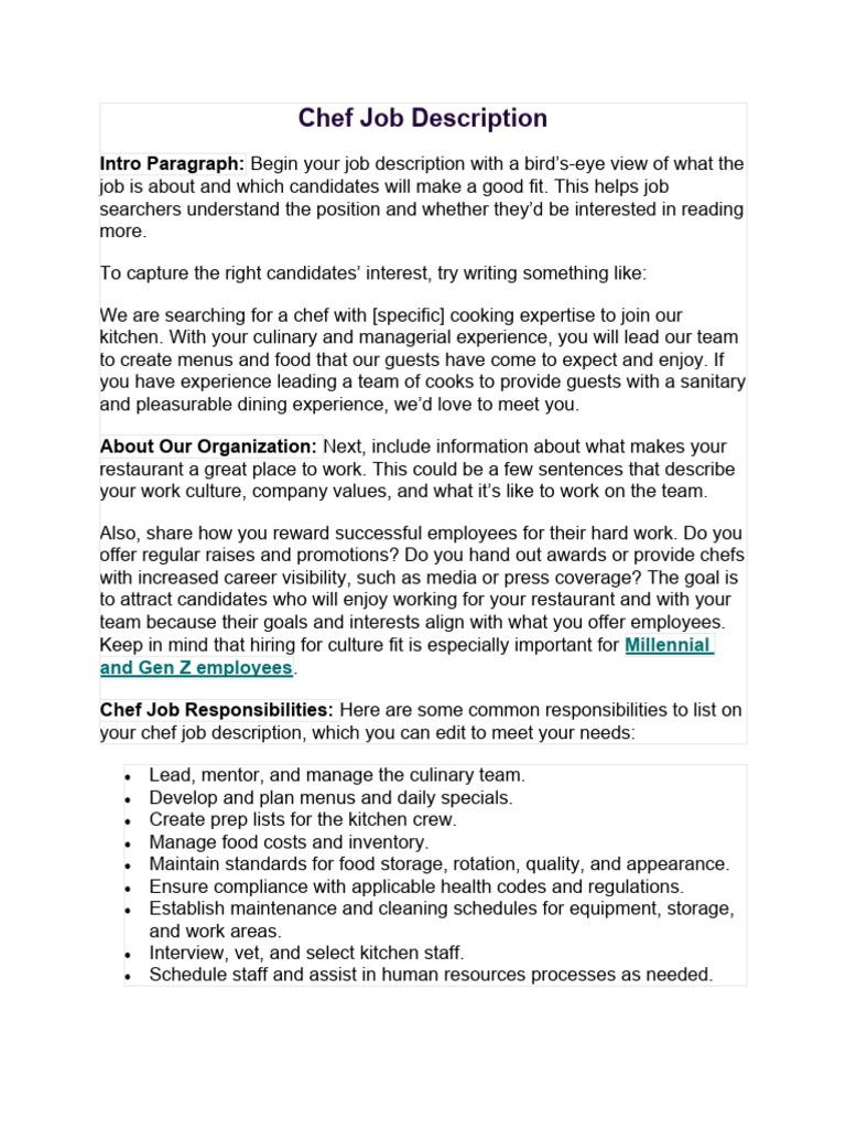 Chef Job Description | PDF | Chef | Employee Benefits