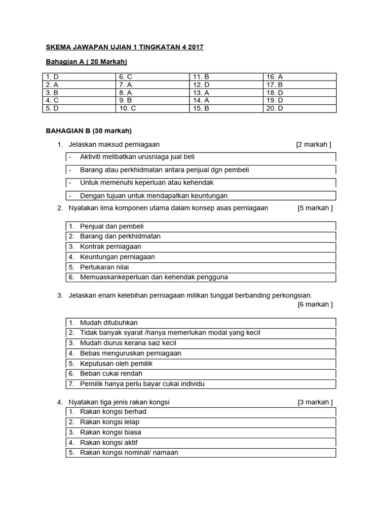 Skema Jawapan Ujian 1 Tingkatan 4 | PDF