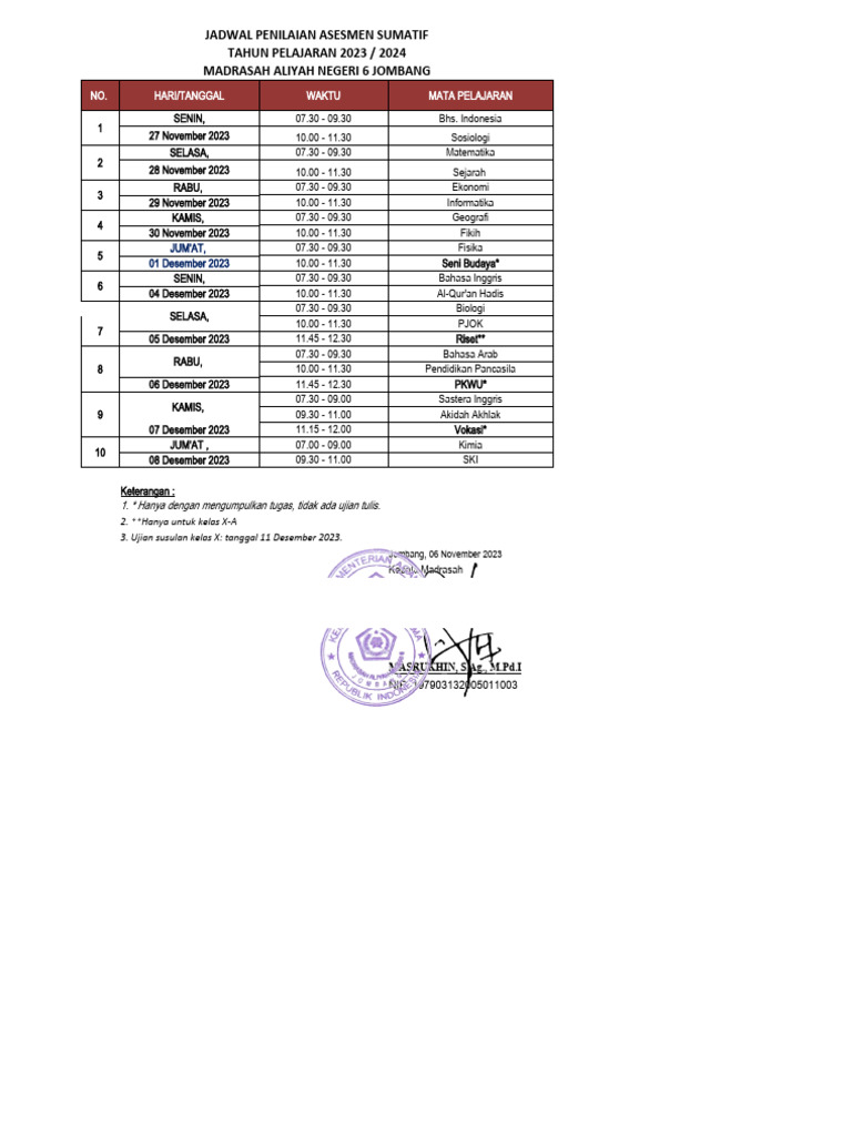 Jadwal Pas 2023-2024 Revisi | PDF